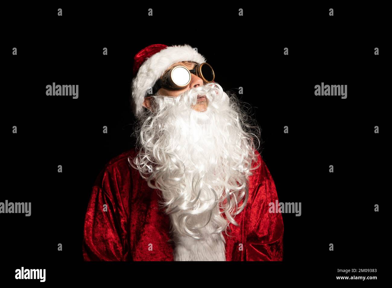 cyberpunk santa claus model with glasses and black background Stock ...