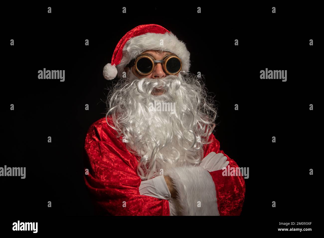 cyberpunk santa claus model with glasses and black background Stock ...