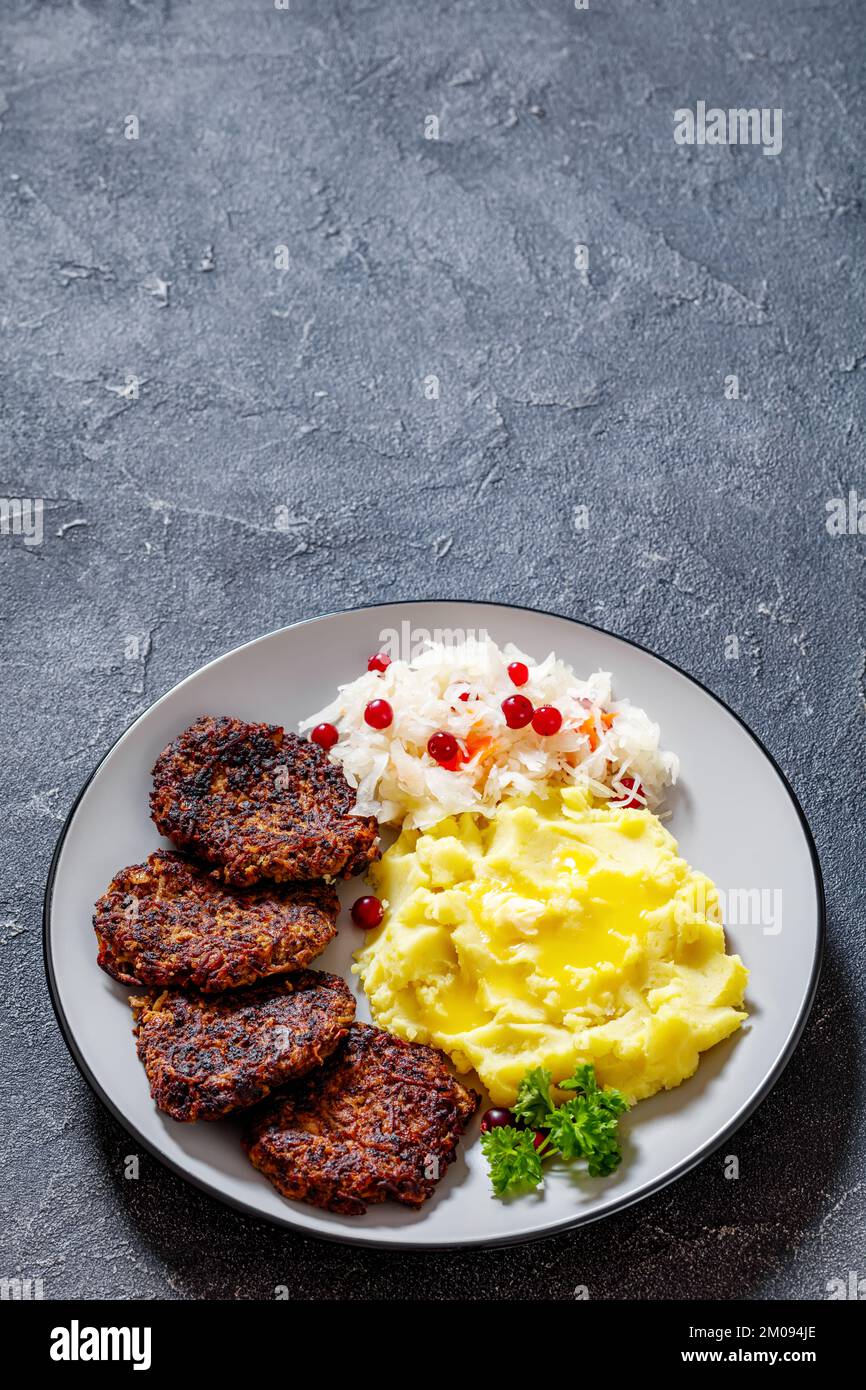 fried minced liver patties, finnish jauhemaksapihvit, with mashed ...