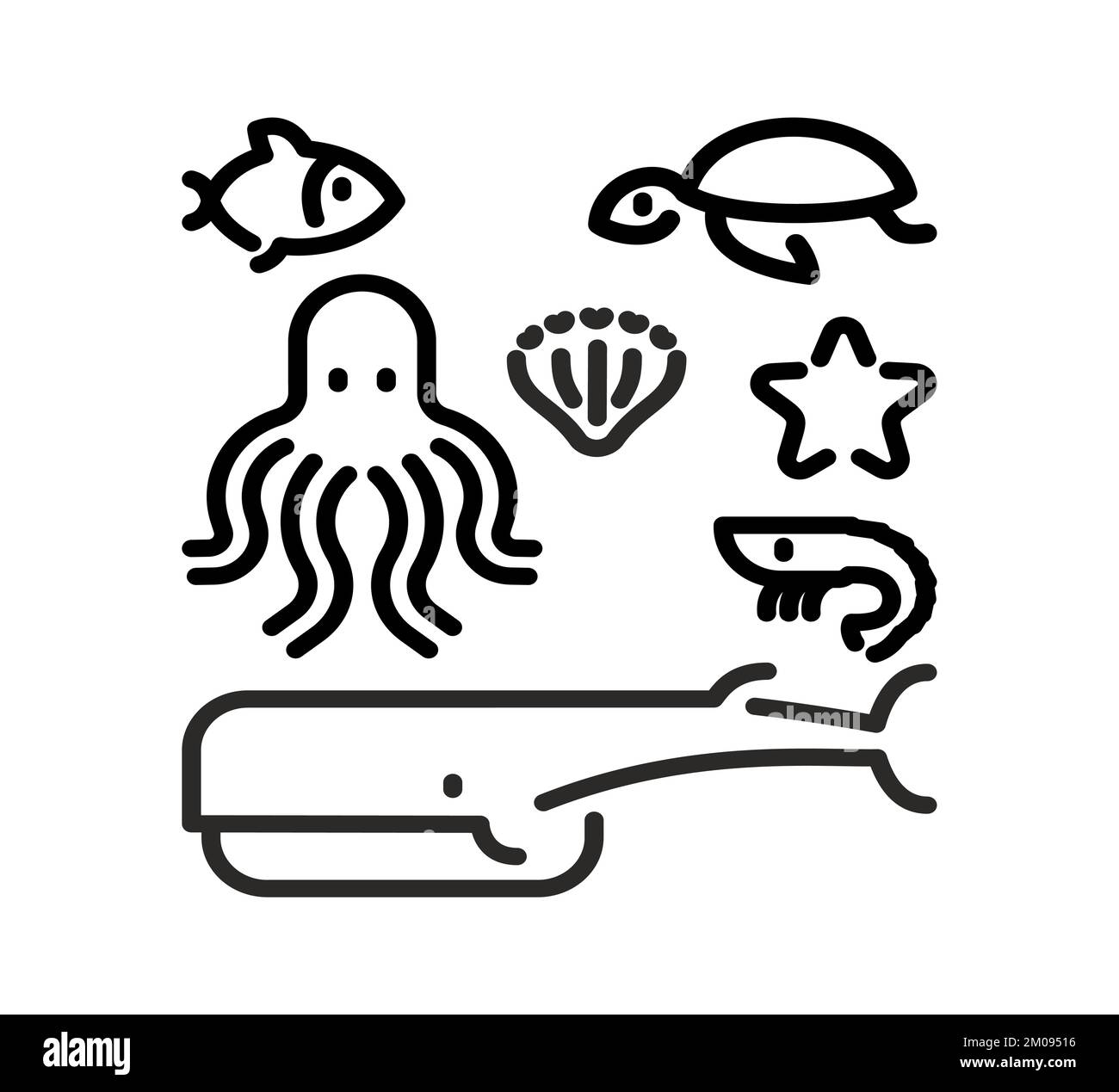 Marine animals set linear symbol icon. Octopus and turtle, fish and ...