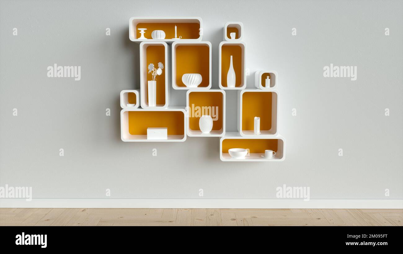 white wall shelf with white vases and white objects on wooden floor ...