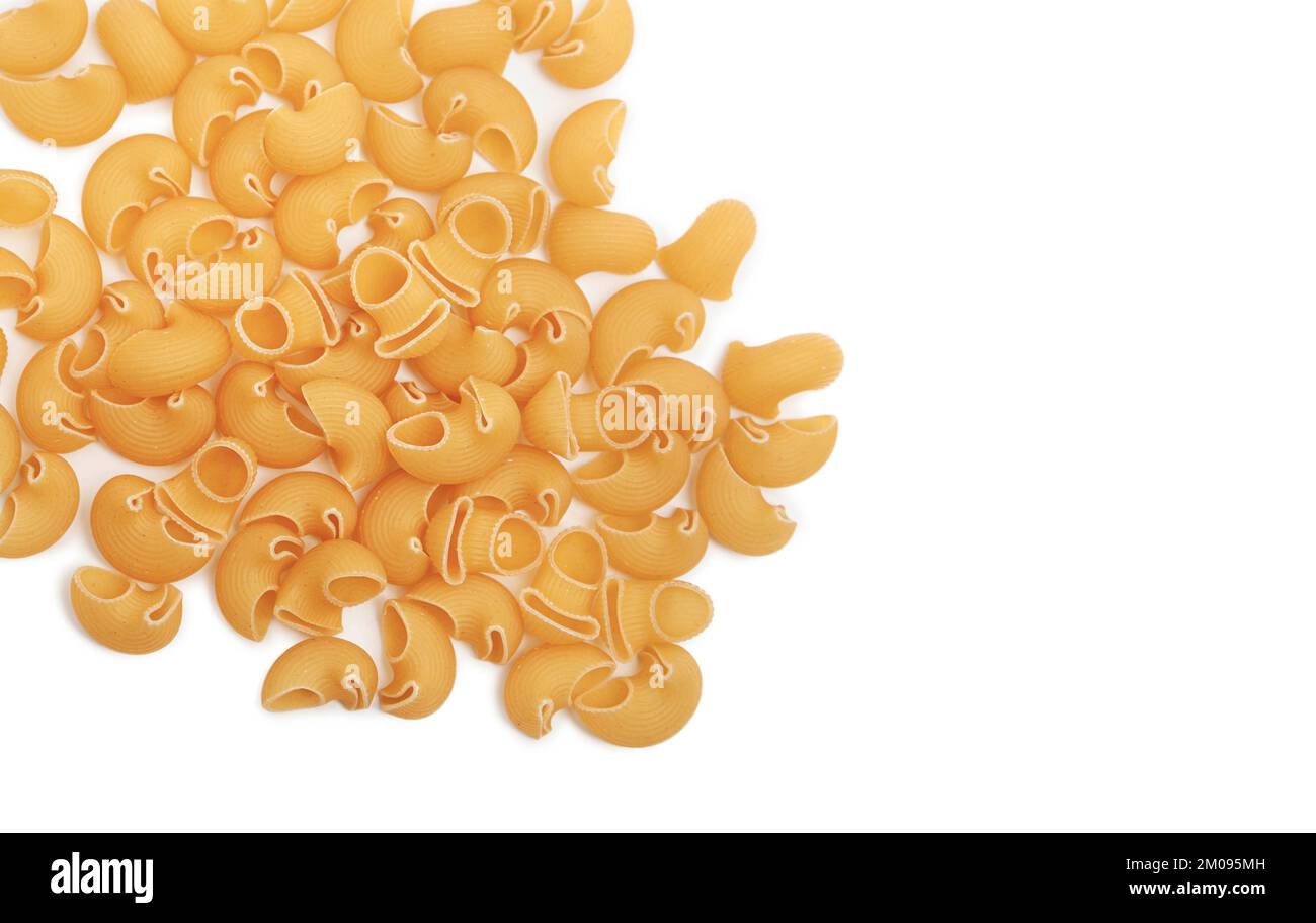 Pasta Pipe Rigate isolated on white background. Top view with copy ...