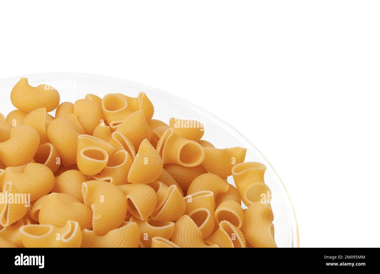 Pasta Pipe Rigate isolated on white background. Top view with copy ...