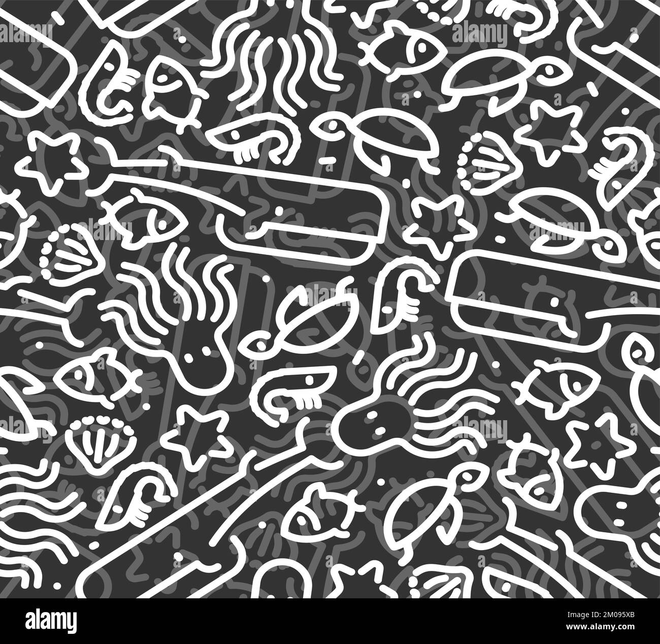 Marine animals set linear pattern seamless. background Octopus and ...