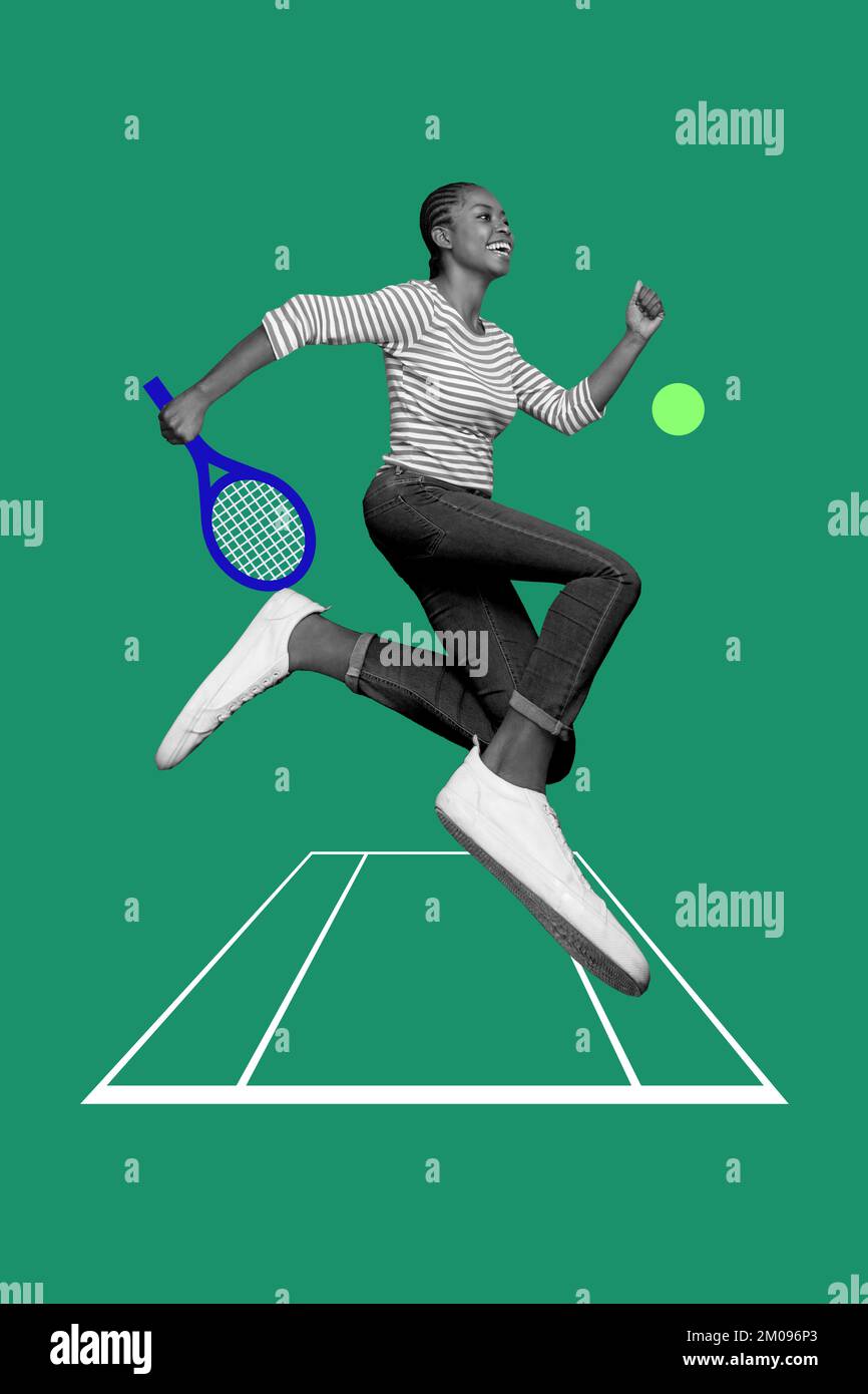 Vertical collage portrait of excited black white effect girl jumping ...