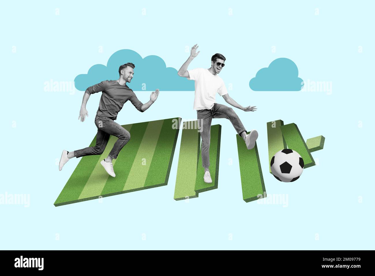 Creative collage picture of two excited sportive guys black white gamma ...