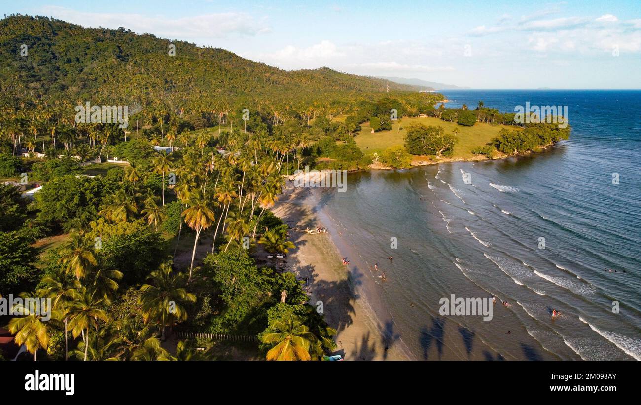 An aerial view of La Pascuala beach covered with greenery in Samana ...