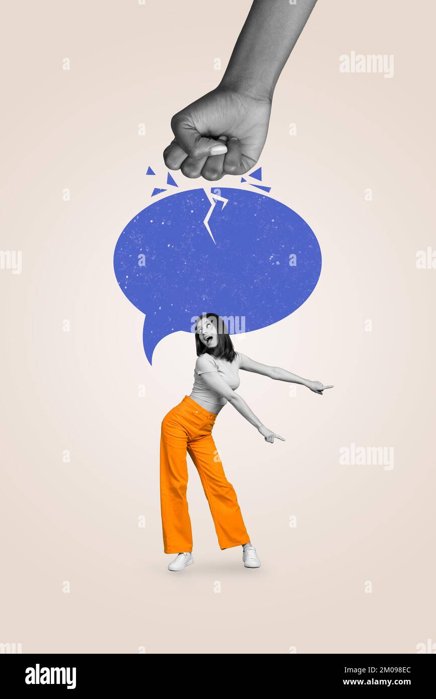 Collage photo funky youngster lady dancing finger point empty space ...