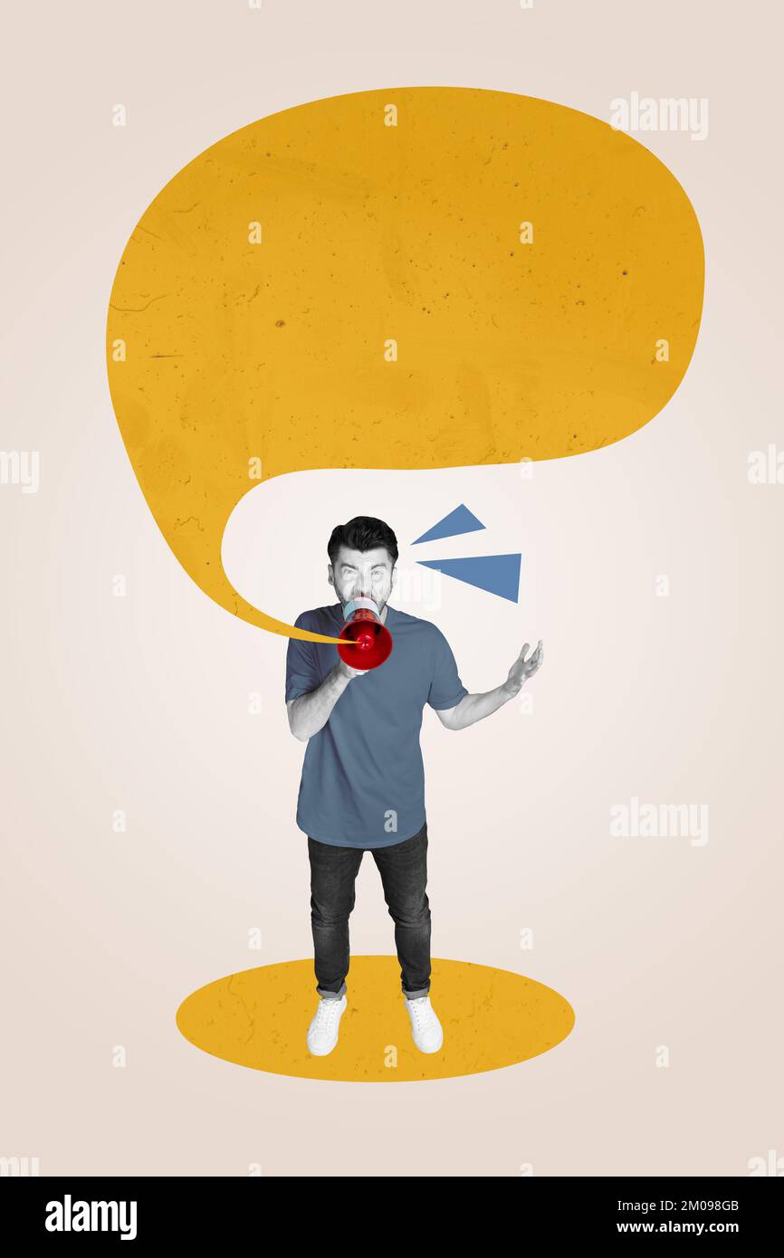 Creative photo 3d collage artwork poster of furious man shout give ...