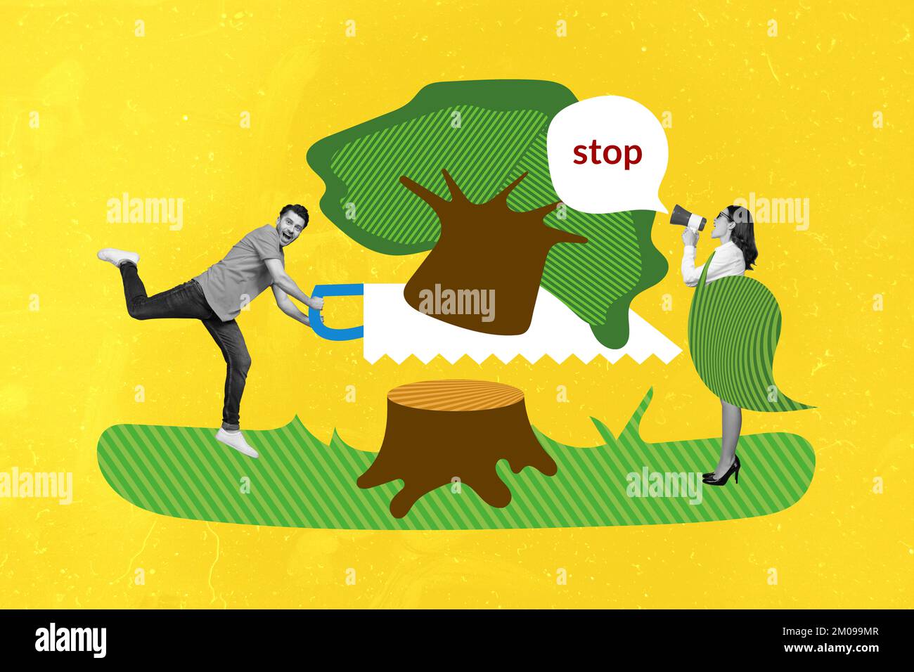 Creative collage image of two black white colors people guy cut tree ...