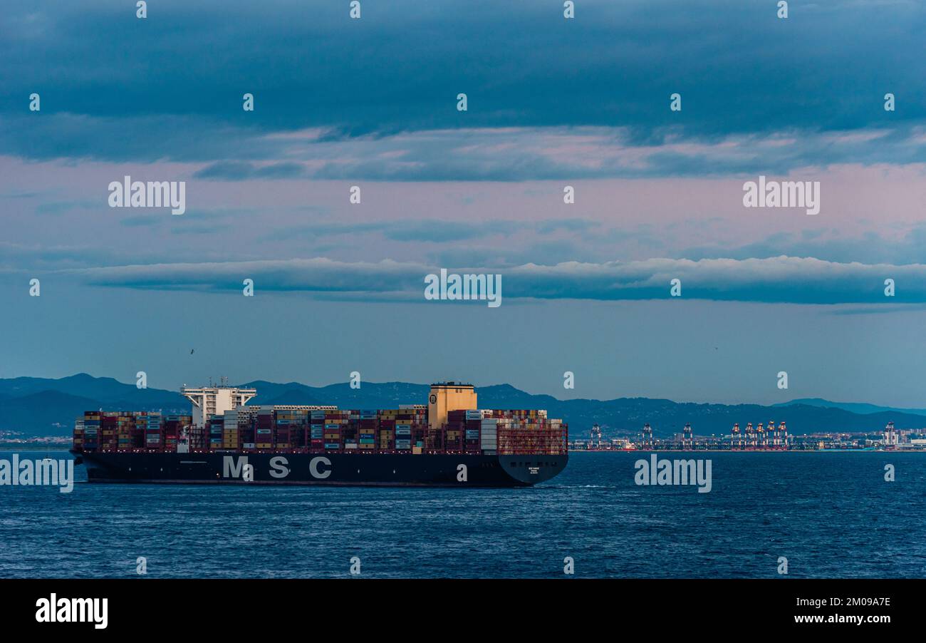 MSC Container Ship on Mediterranean Sea at Blue Hour, Barcelona, Spain ...