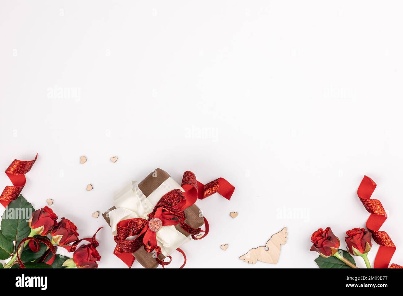Flat lay, white background with gift box and valentine's day decor ...