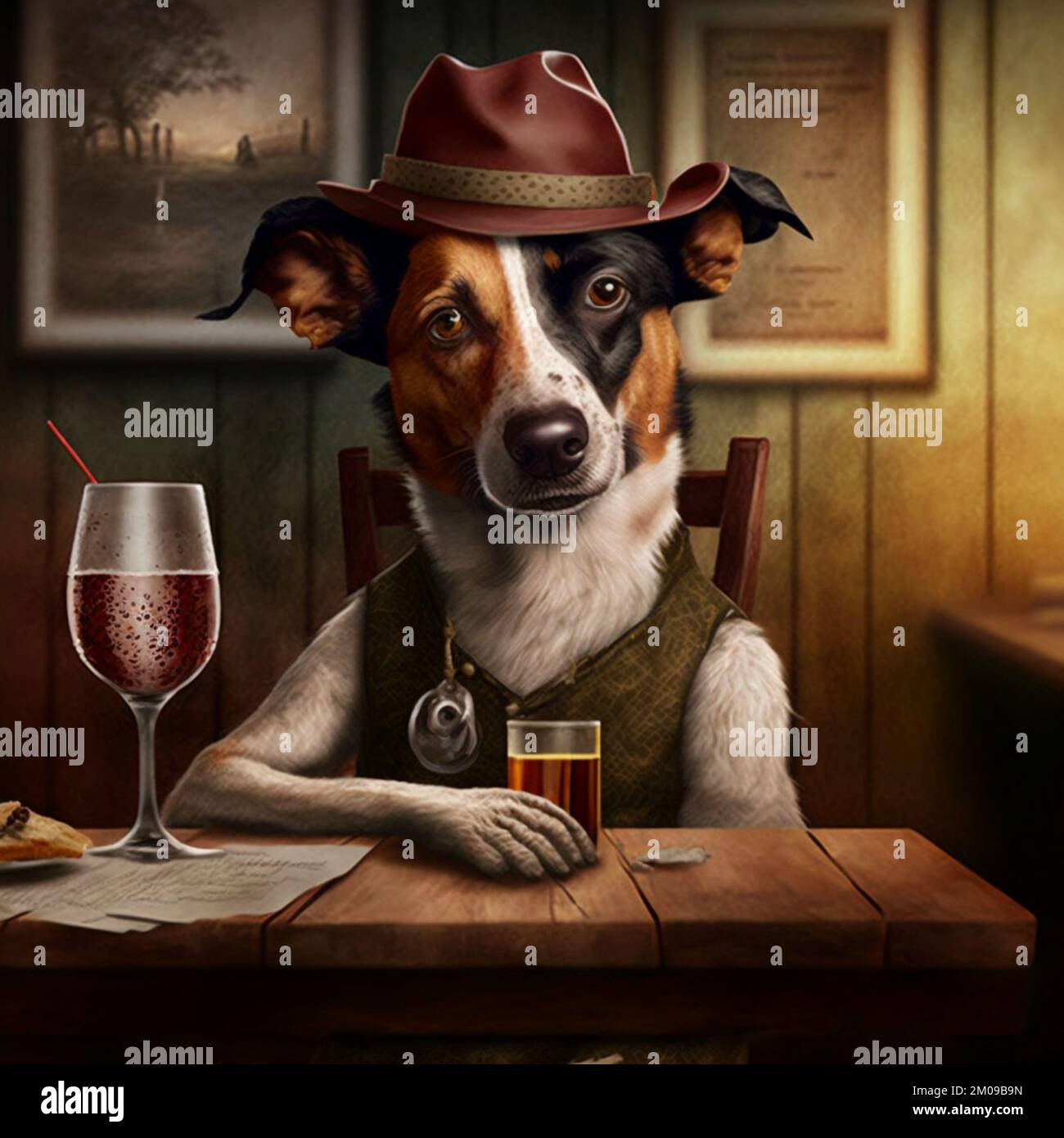 A funny dog sitting in a bar with a hat on his head and a drink Stock ...