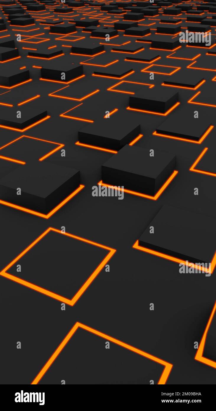 Vertical futuristic background of black squares with orange neon border ...