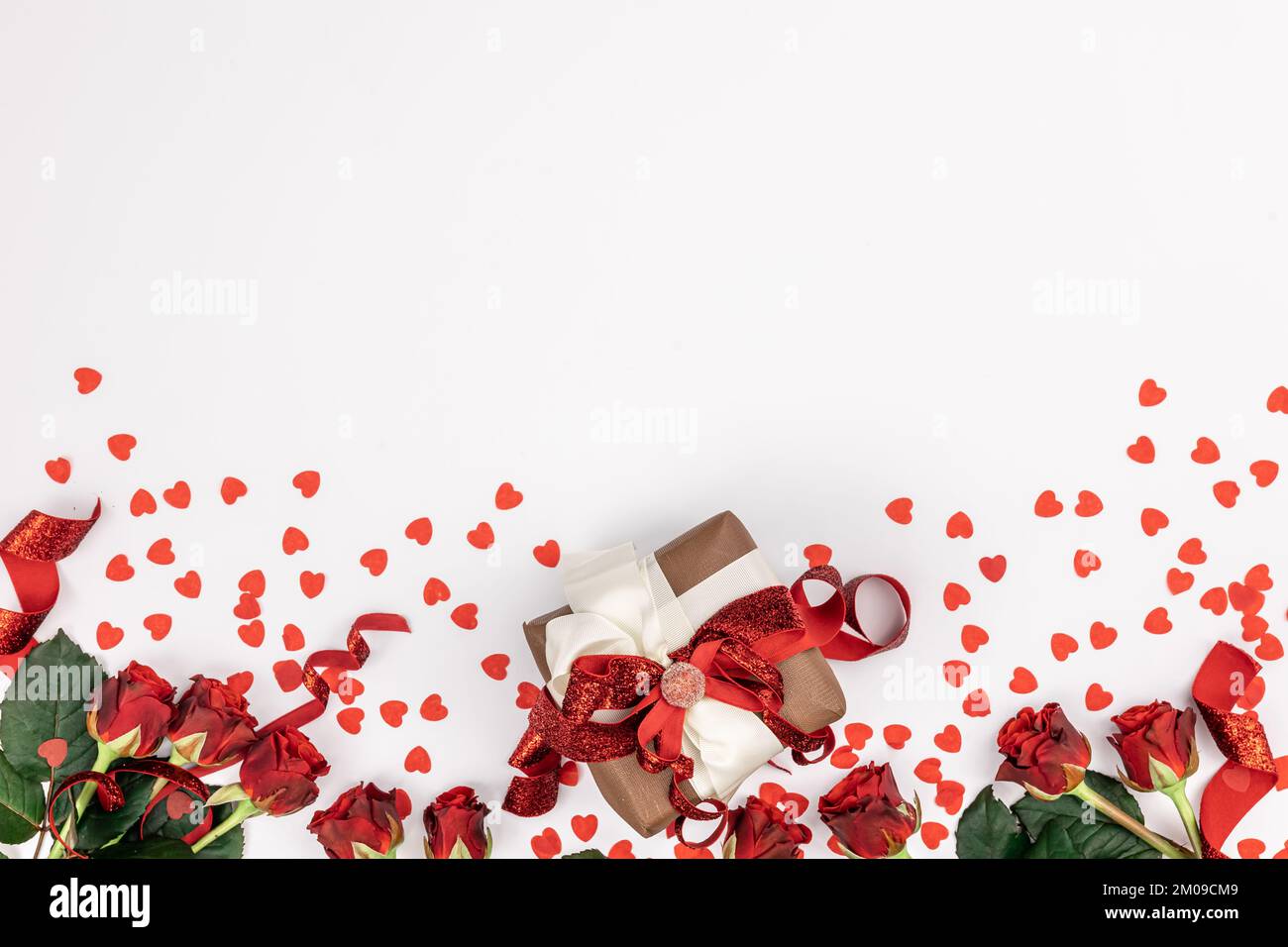 Flat lay, white background with gift box and valentine's day decor ...