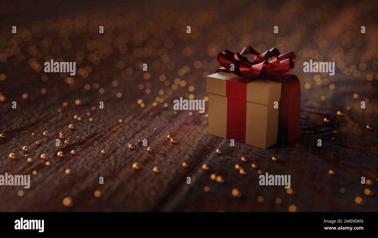 Christmas gift box with defocused glitters on dark wooden background ...