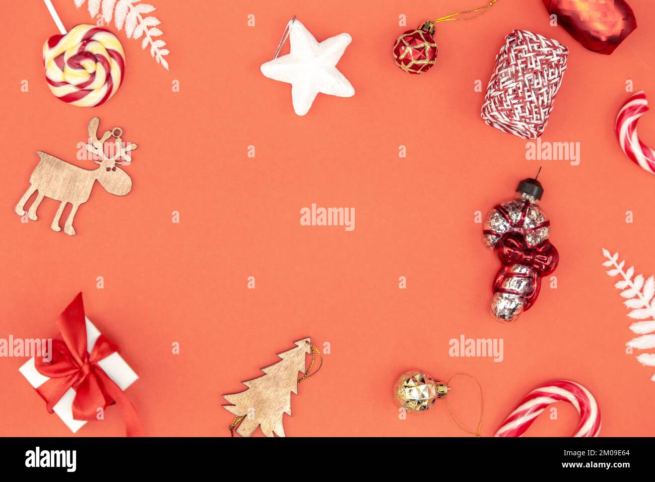 Christmas background with holiday decor details, flat lay Stock Photo ...