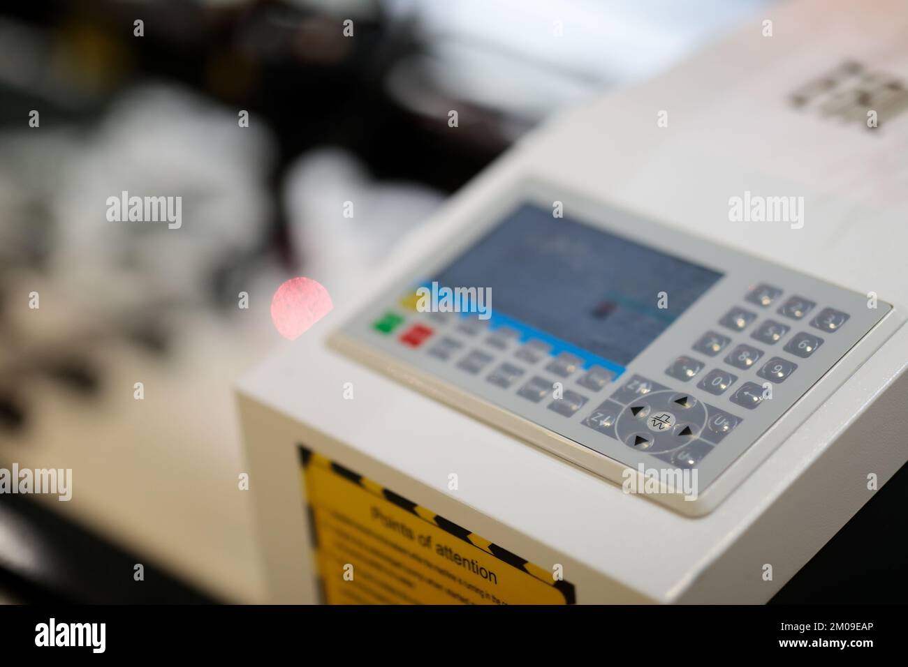 Control panel of laser cutter engraving machine. Selective focus Stock ...