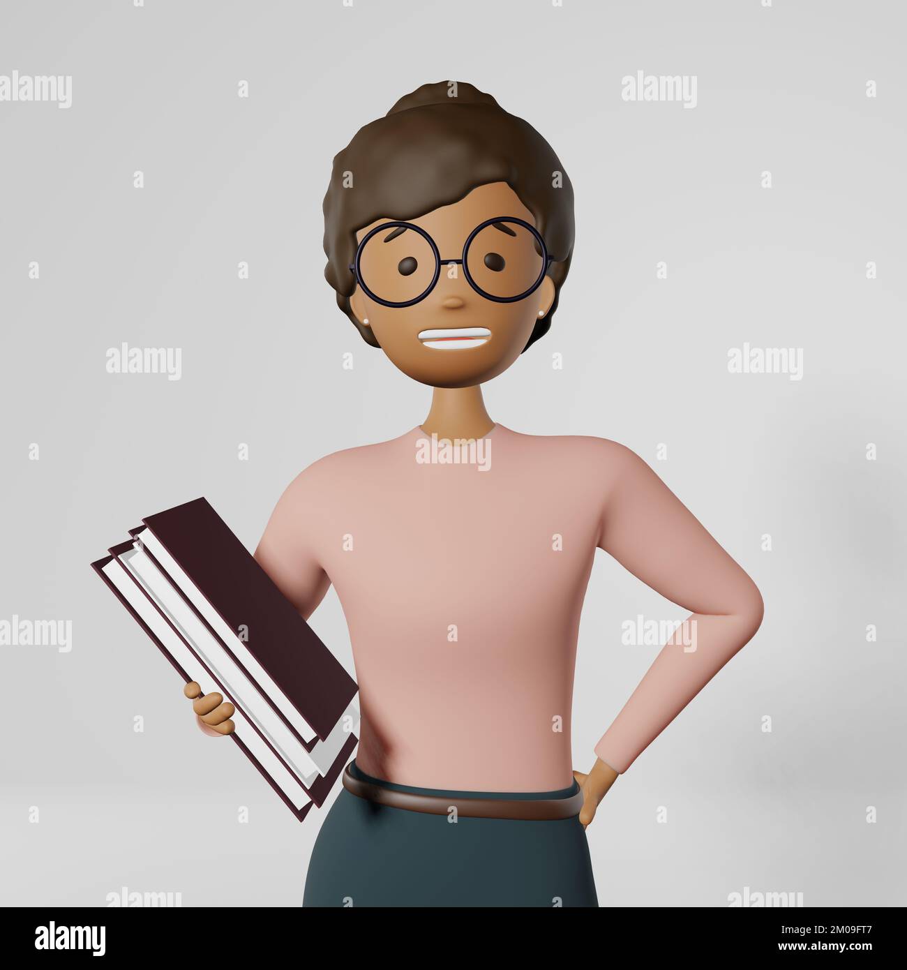 Smiling African American Girl Employee Glasses Book 3d Rendering Avatar