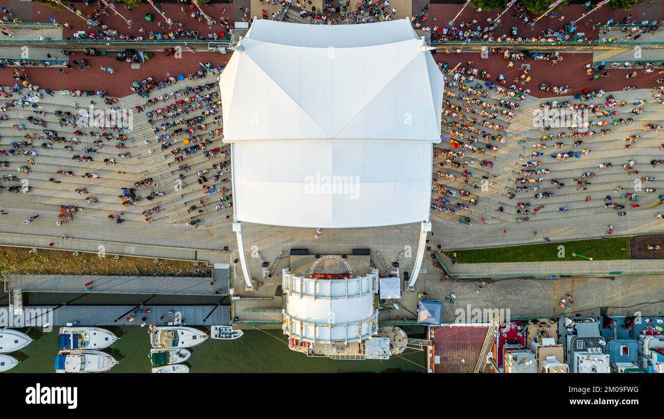 An aerial of river front entertainment unique stage along the river ...
