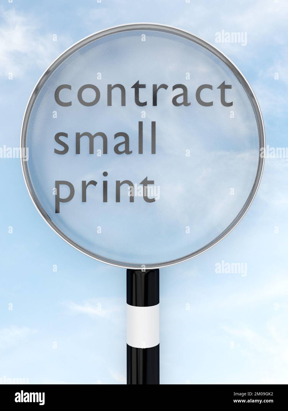 3D illustration of magnifying glass over the text contract small print ...
