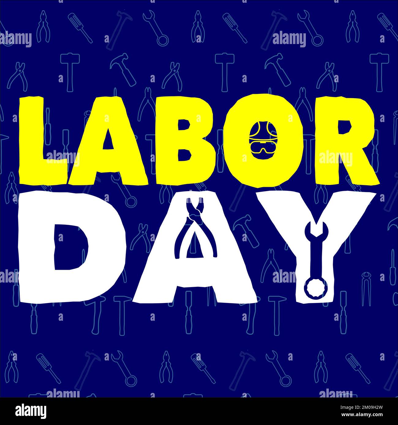 A "Labor day" logo with yellow and white letters with tools pictograms ...