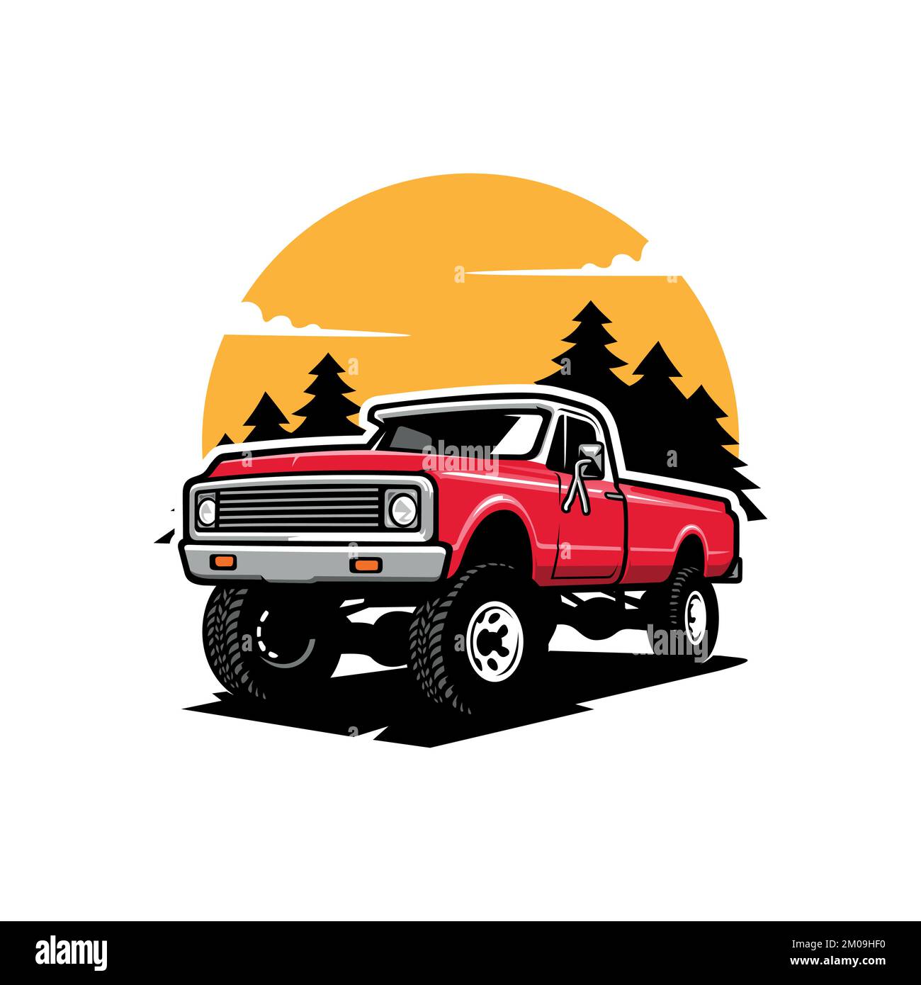 An American vintage pickup truck logo fir trees at sunset in a round ...