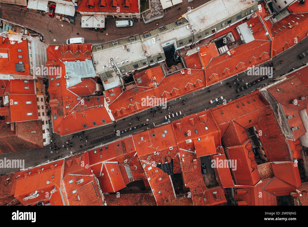 Top-down aerial view over the old town and city center in Zagreb ...