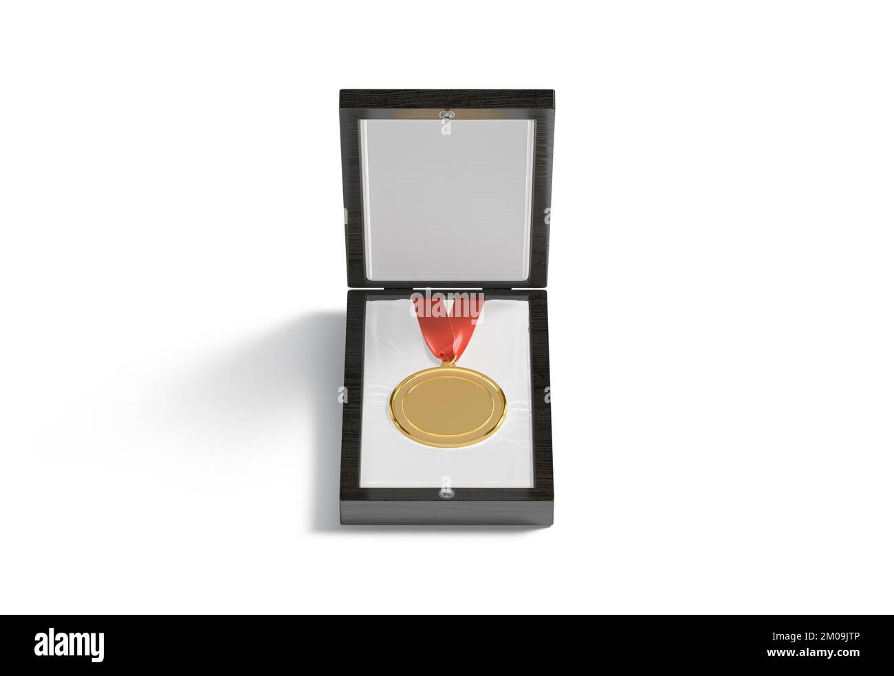 Blank gold medal in black wood box mockup, front view, 3d rendering ...