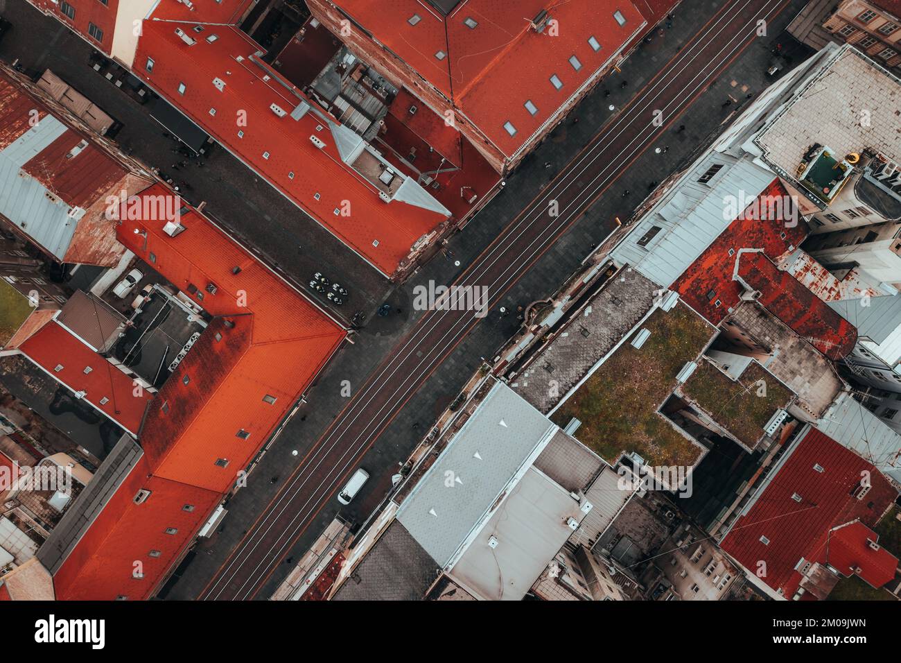 Top-down aerial view over the old town and city center in Zagreb ...