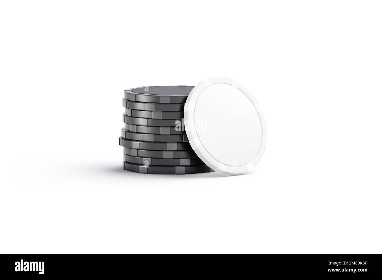 Blank white plastic round chip mockup stand black stack, isolated, 3d ...