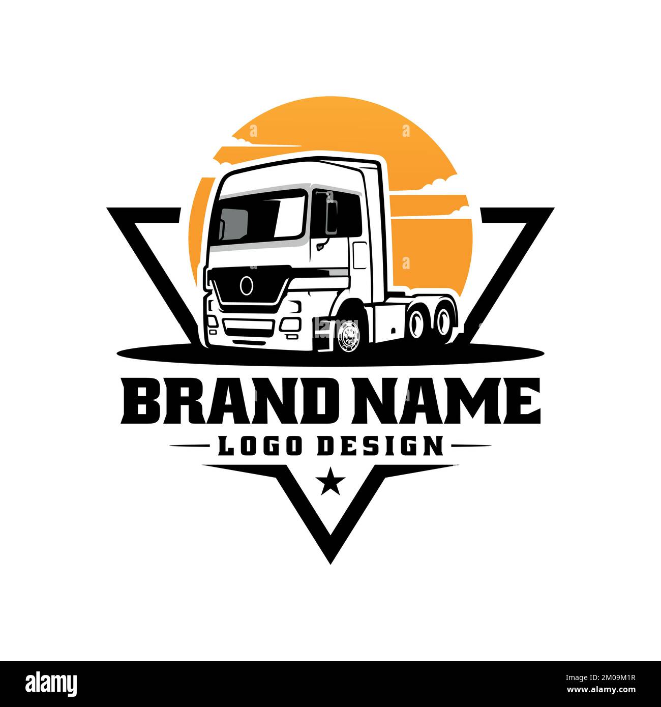 An American vintage pickup truck logo fir trees at sunset in a round ...