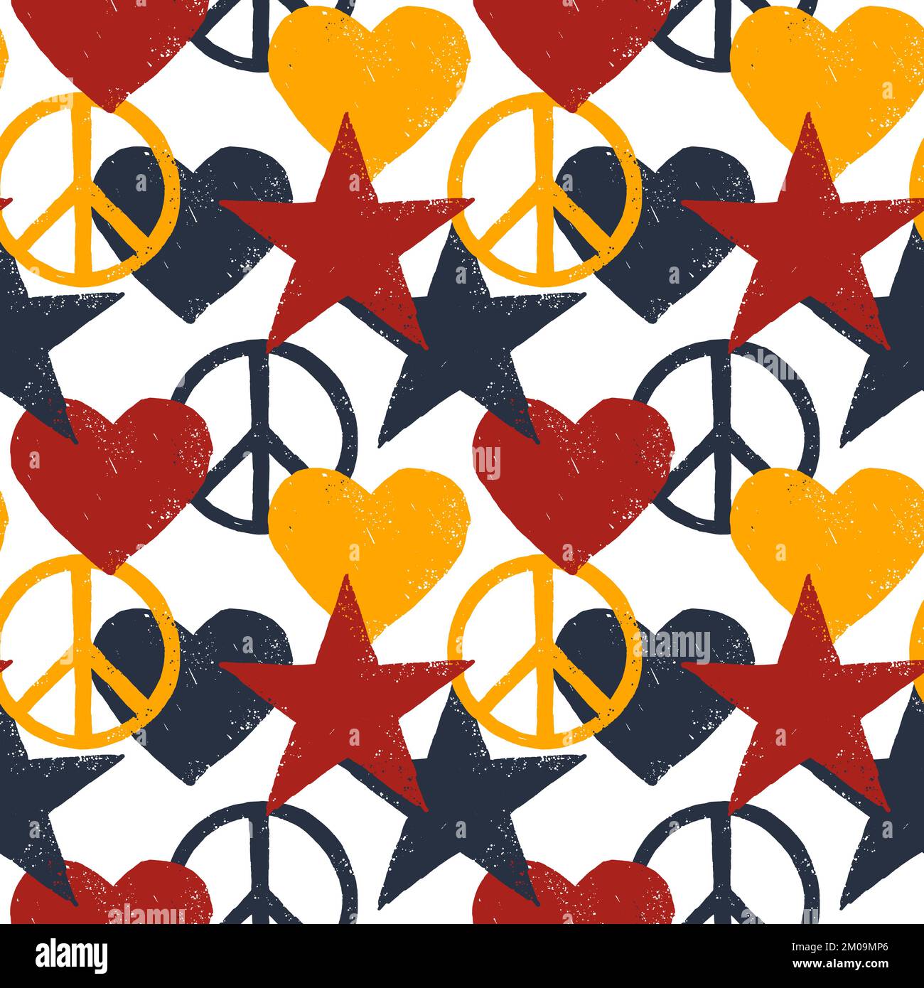 Textured seamless pattern with stars, peace sign and hearts. Vector ...