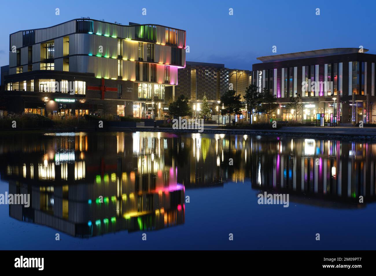 night view of Telford town centre with colourful buildings Stock Photo ...