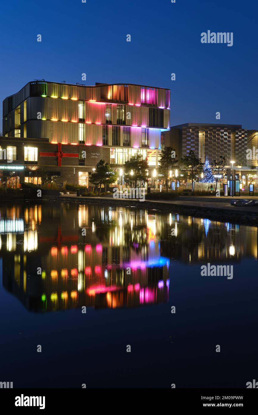 night view of Telford town centre with colourful buildings Stock Photo ...
