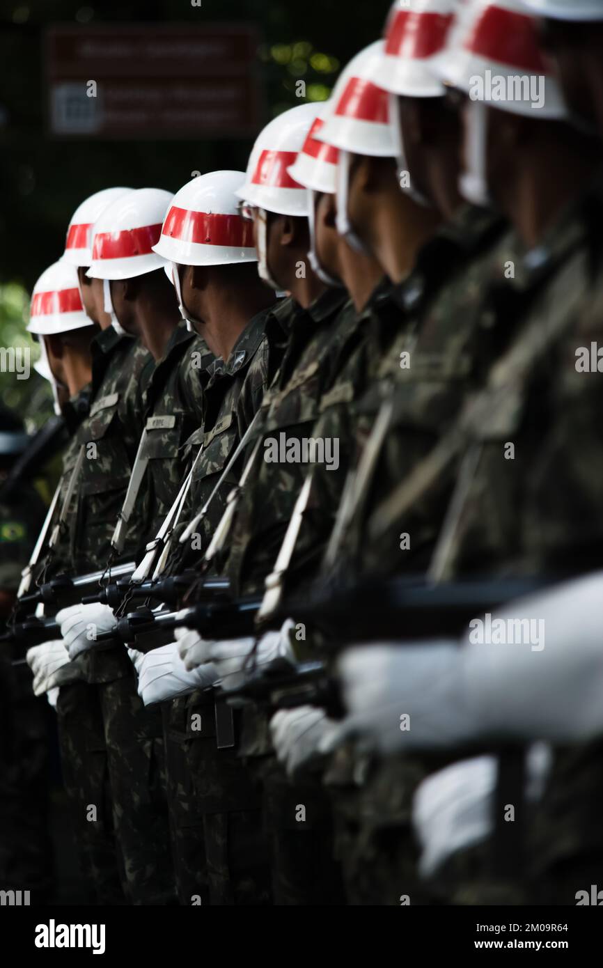 A soldier line up at a military parade in celebration of Brazil's ...