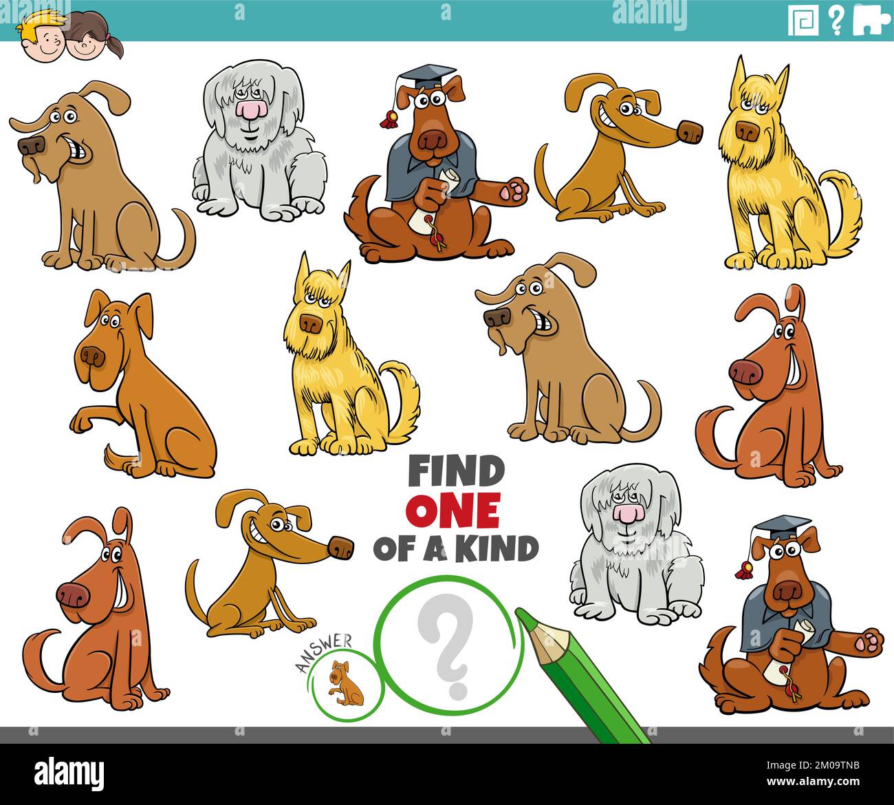 Cartoon illustration of find one of a kind picture educational game ...