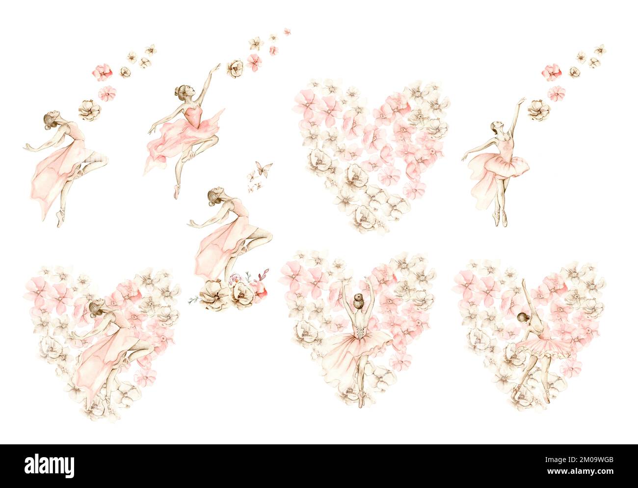 Watercolor dancing ballerina composition with flowers.Pink pretty ...