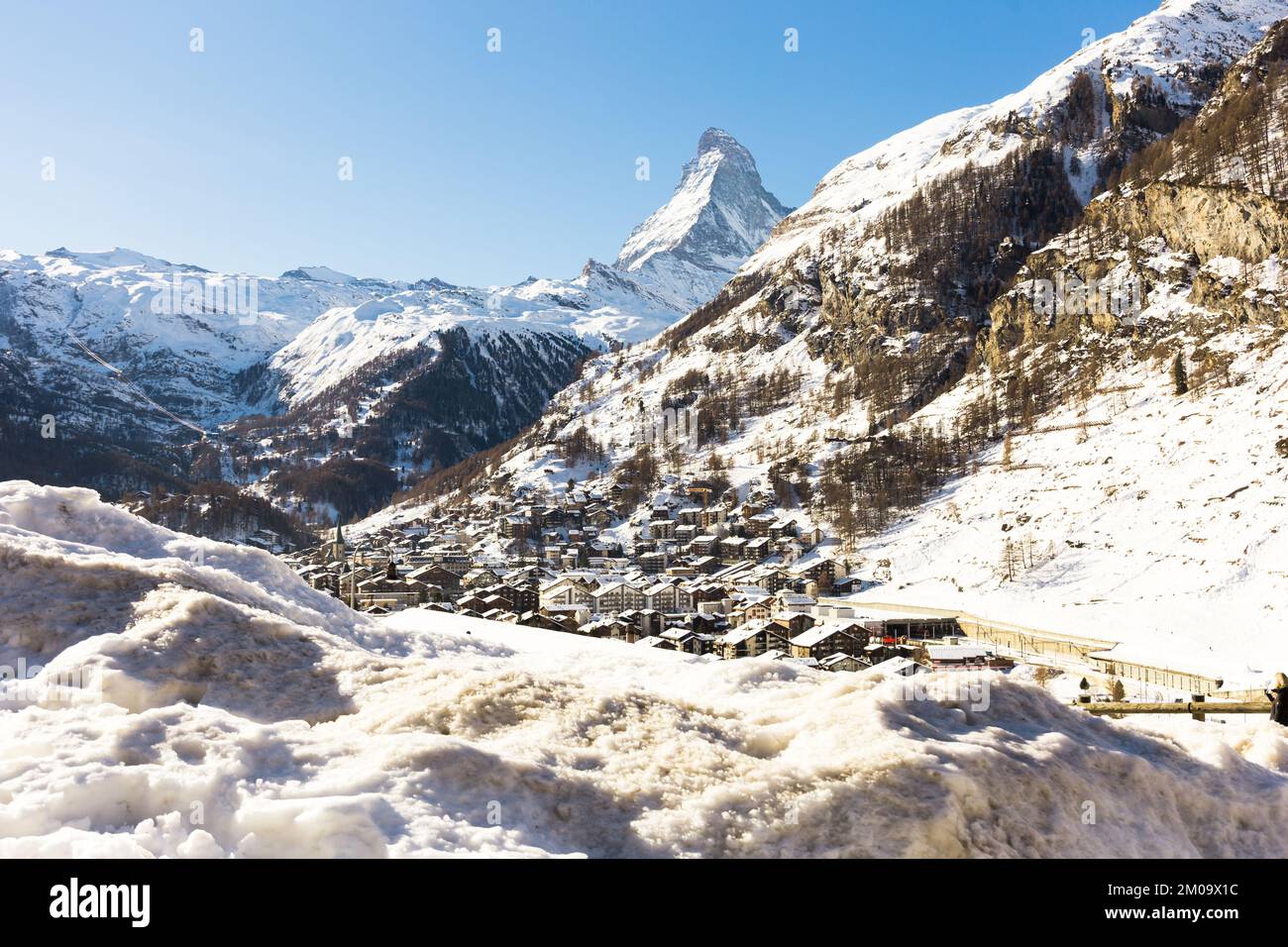 Snowy mountain Matterhorn during the day in winter. Zermatt, swiss alps ...