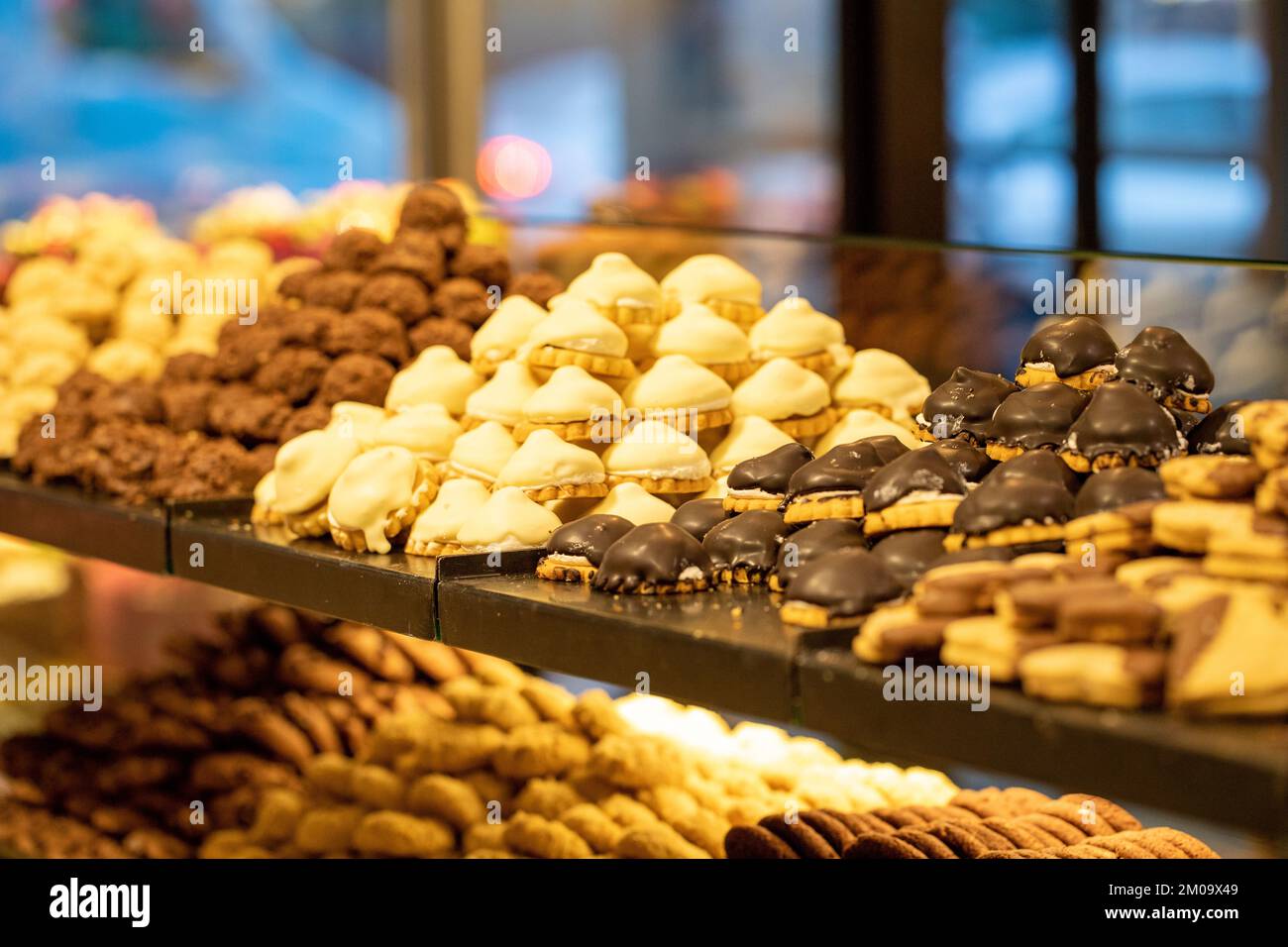 Types of cookies. Types of cookies on display at the patisserie counter ...