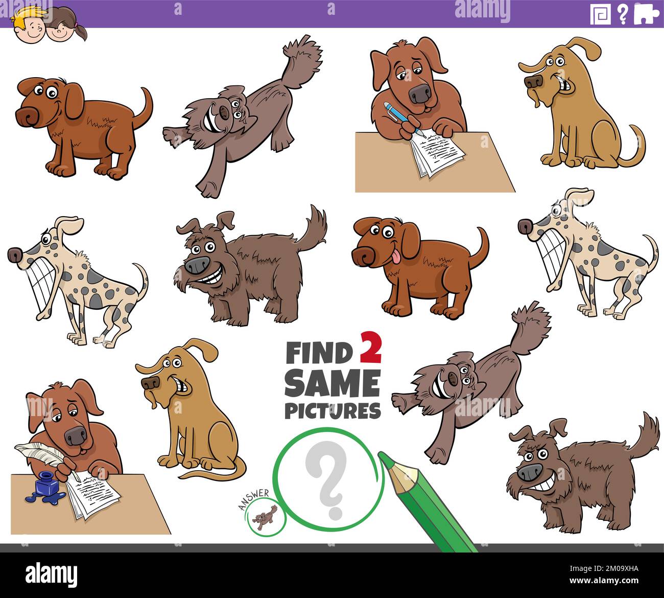 Cartoon illustration of finding two same pictures educational game with ...