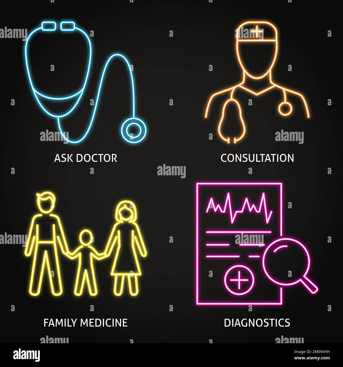 Medical consultation neon icon set. Doctor, stethoscope, diagnostic ...