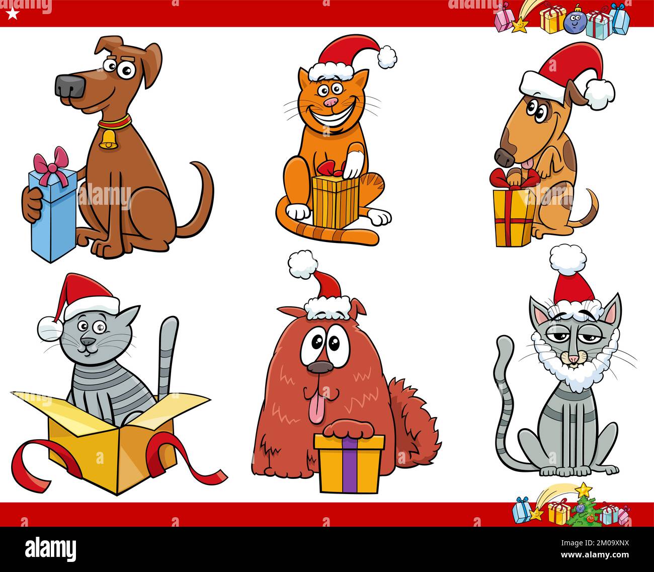 Cartoon illustration of dogs and cats animal characters with Christmas ...