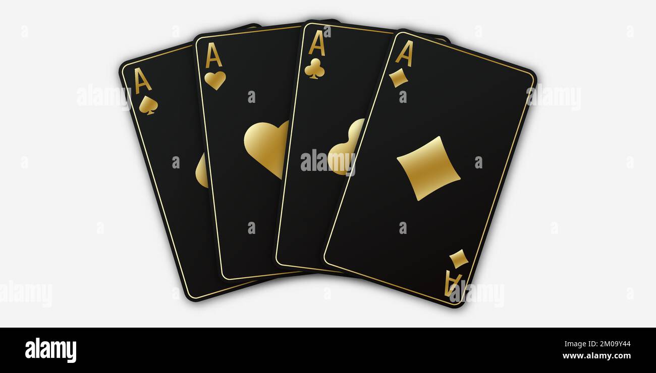 A fan of playing cards consisting of four black and golden Ace of ...