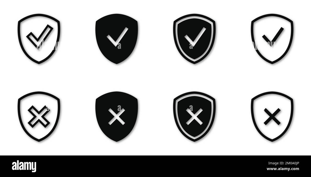 Shield check mark icon set. Protection approve sign. Safe icon. Tick ...
