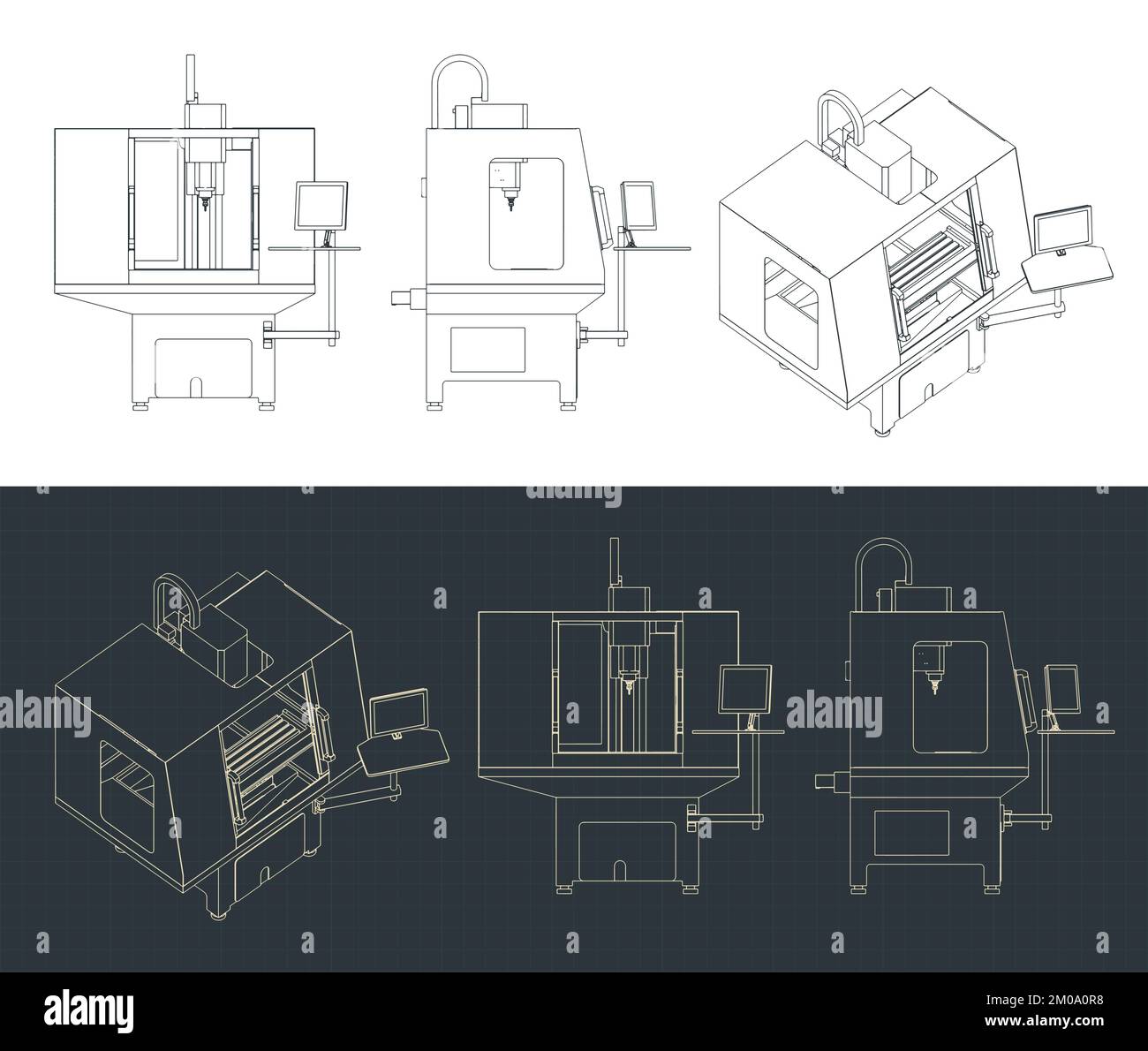 Stylized vector illustration of blueprints of CNC turning milling ...
