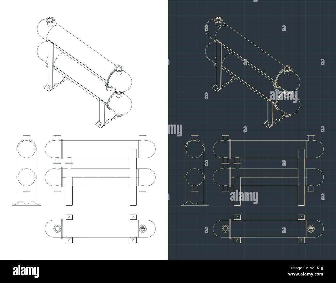 Stylized vector illustration of blueprints of shell and tube heat ...