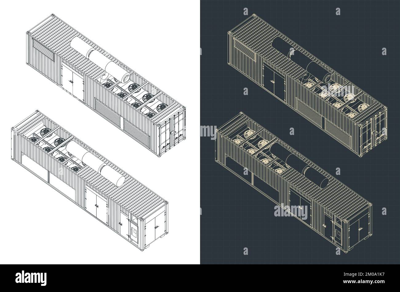 Stylized vector illustration of isometric blueprints of container type ...