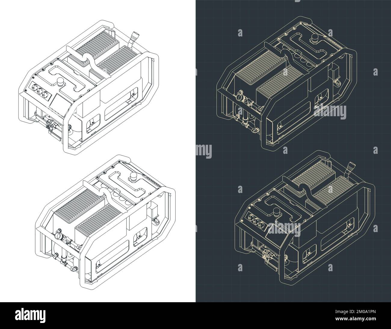 Stylized vector illustration of isometric blueprints of mobile power ...