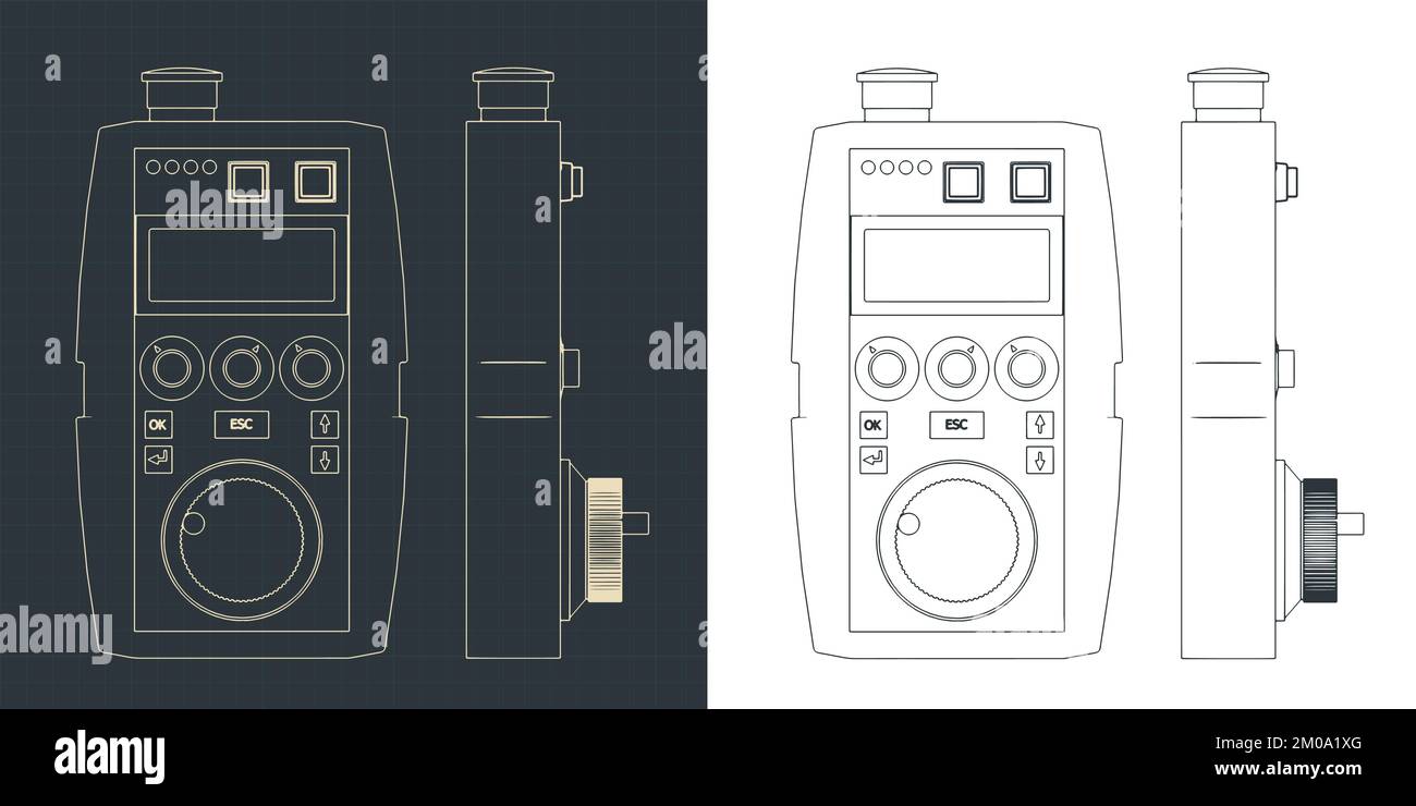 Stylized vector illustration of blueprints of hand remote control for CNC machine Stock Vector ...
